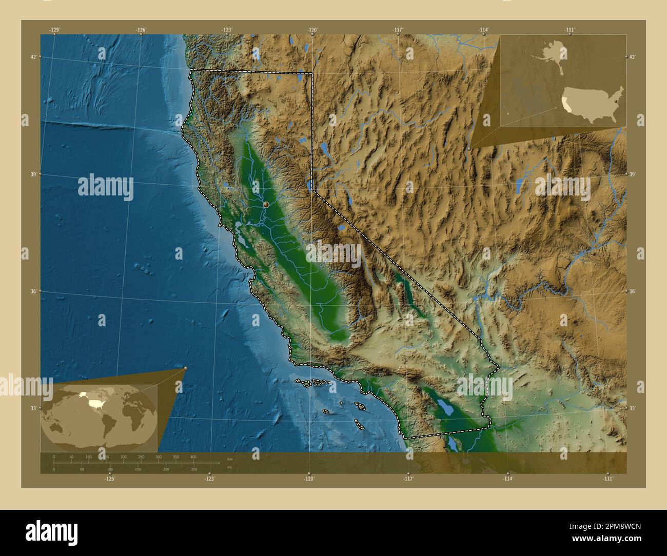 California, state of United States of America. Colored elevation map ...
