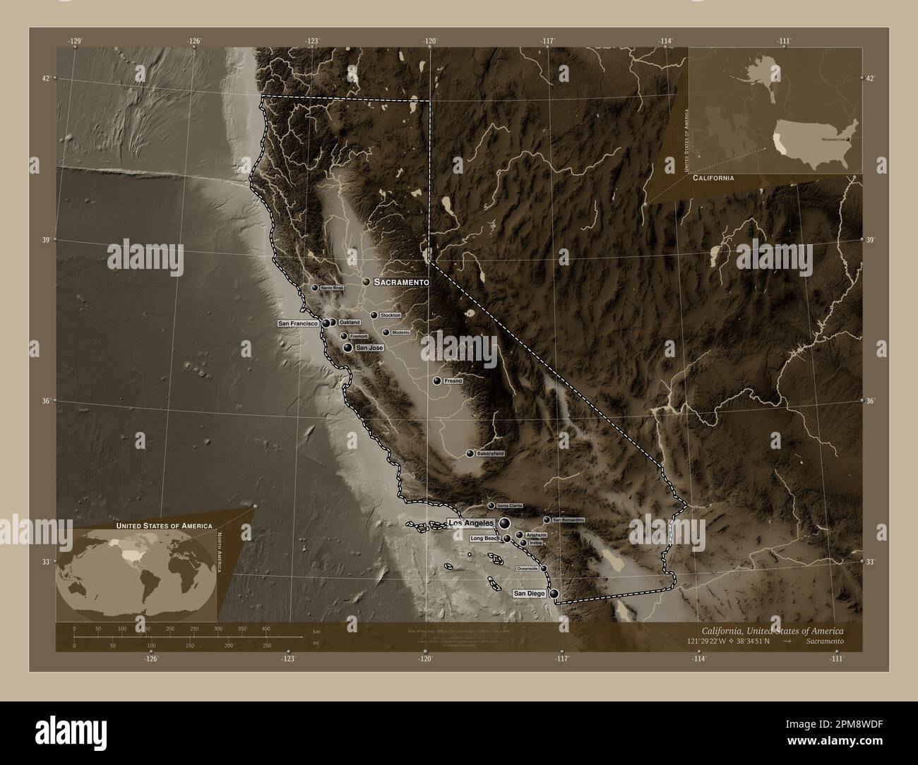 California, state of United States of America. Elevation map colored in ...