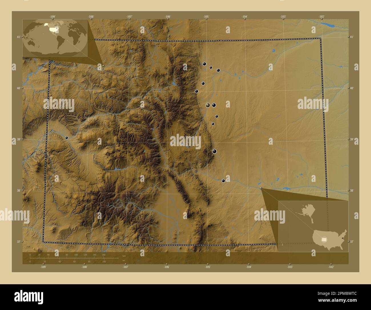 Colorado, state of United States of America. Colored elevation map with ...