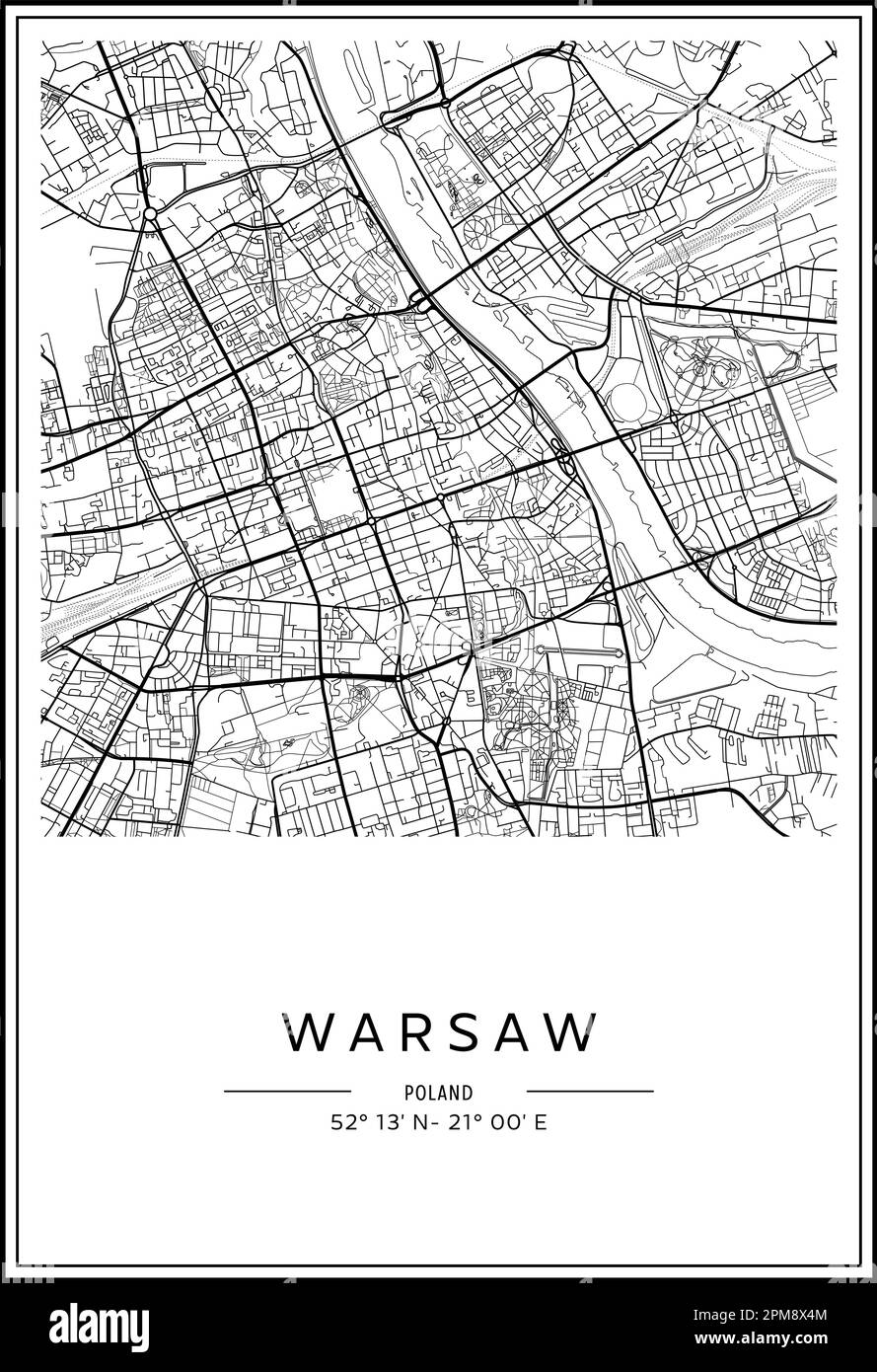 Black and white printable Warsaw city map, poster design, vector ...