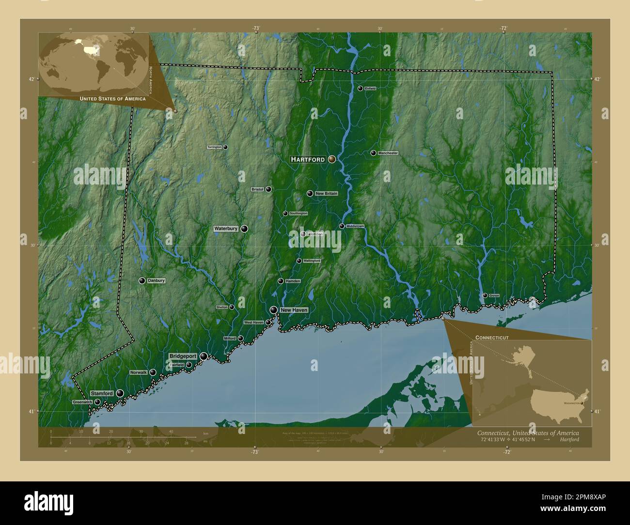 Connecticut, state of United States of America. Colored elevation map ...