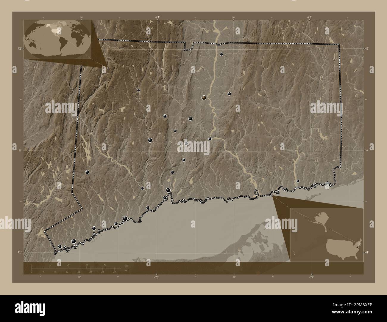 Connecticut, state of United States of America. Elevation map colored ...