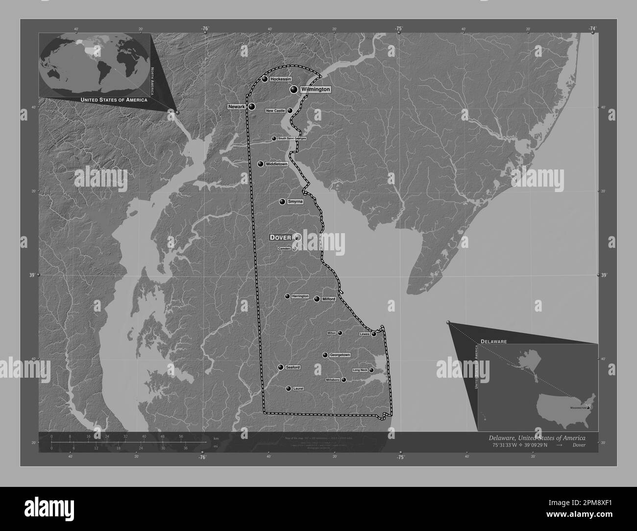 Delaware, state of United States of America. Bilevel elevation map with ...