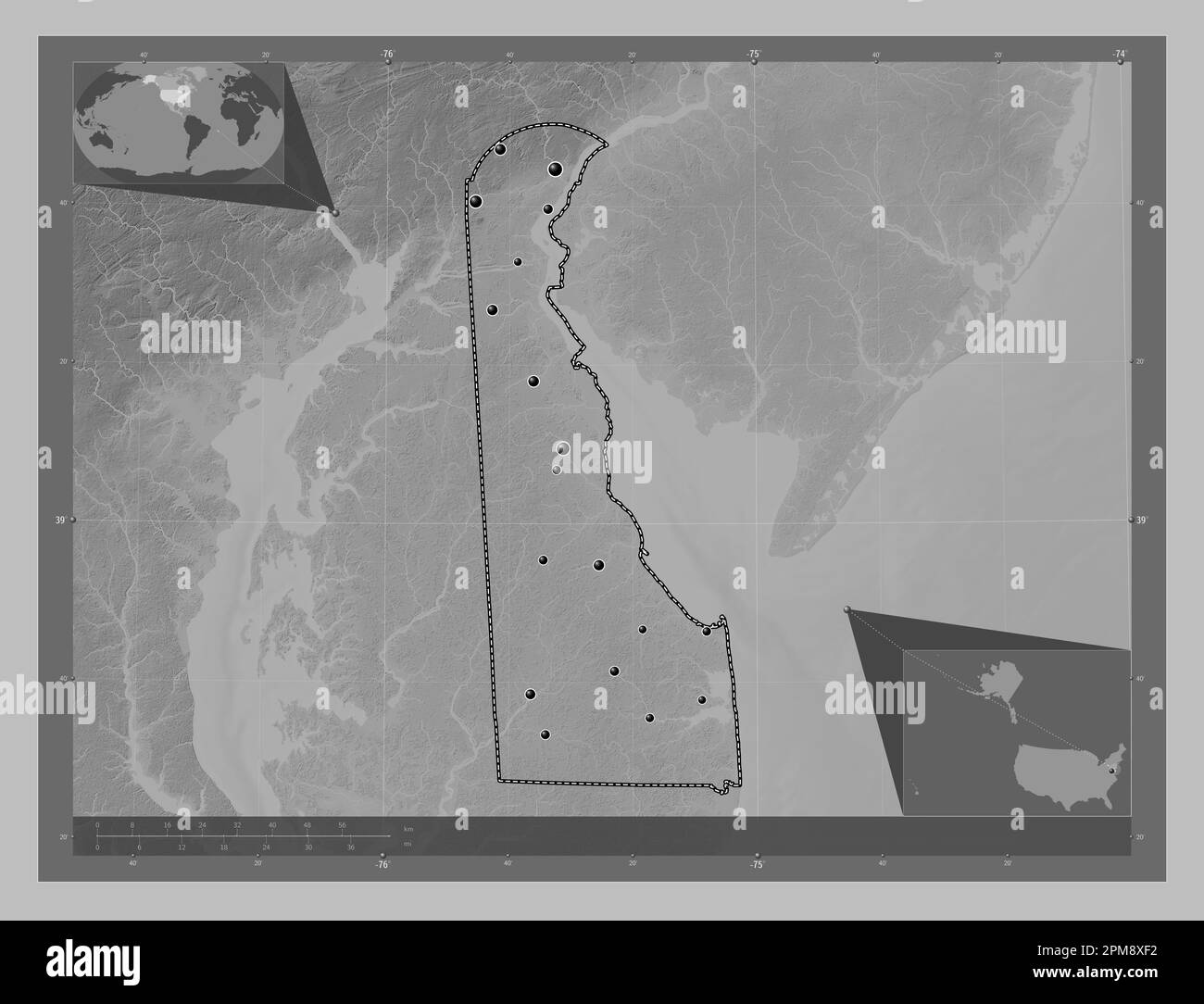 Delaware, state of United States of America. Grayscale elevation map ...