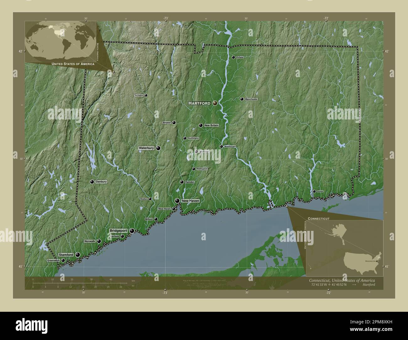Connecticut, state of United States of America. Elevation map colored ...