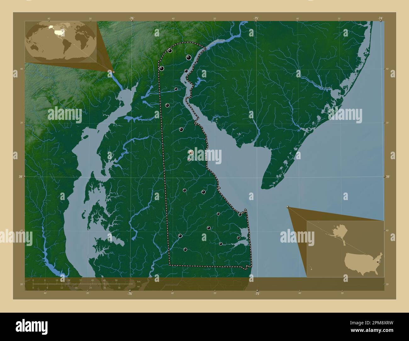 Delaware, state of United States of America. Colored elevation map with ...