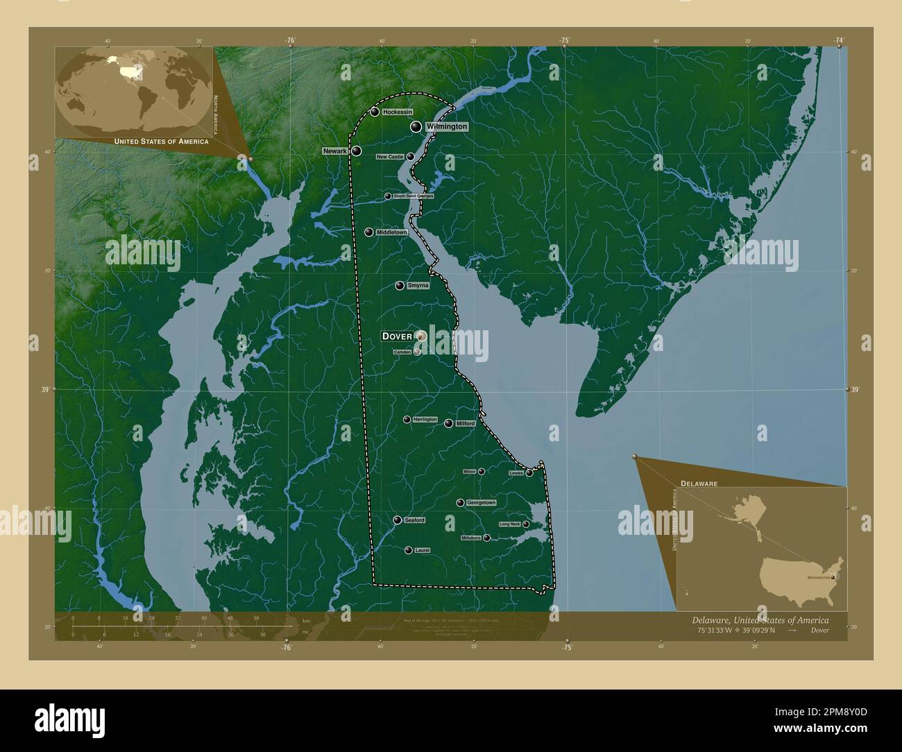 Delaware, state of United States of America. Colored elevation map with ...