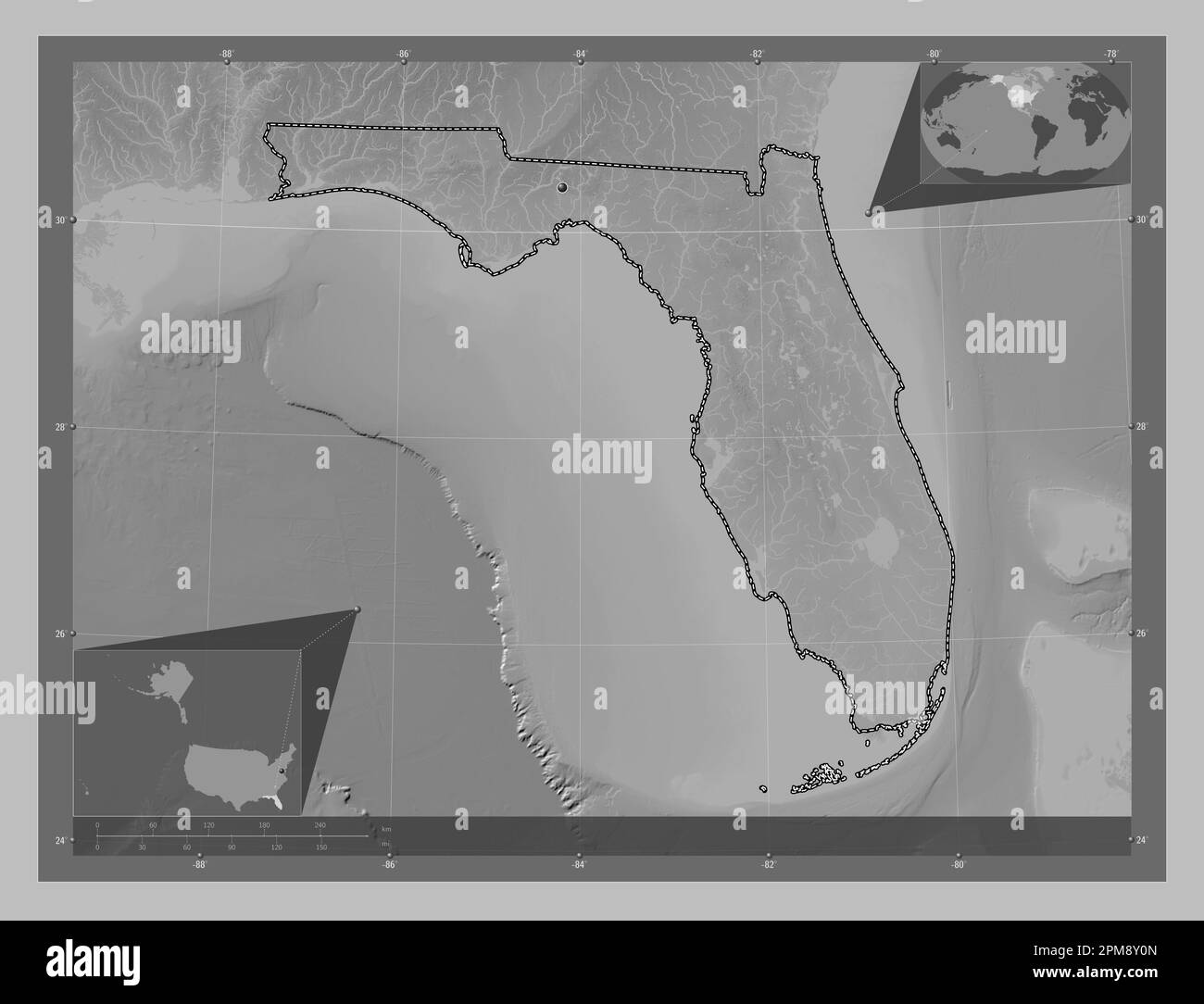 Florida, state of United States of America. Grayscale elevation map ...