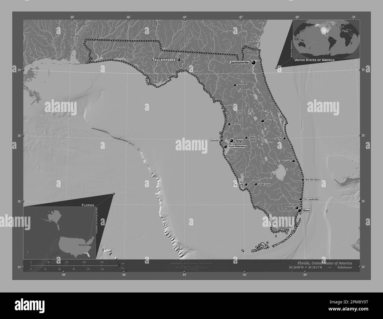 Florida, state of United States of America. Bilevel elevation map with ...