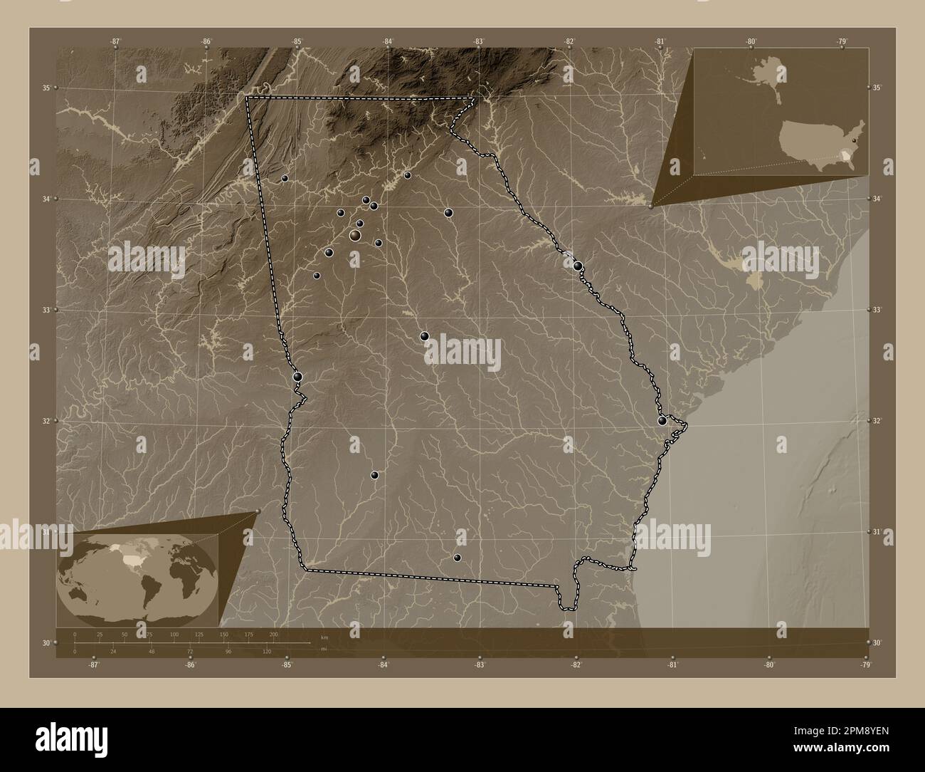 Georgia, state of United States of America. Elevation map colored in ...