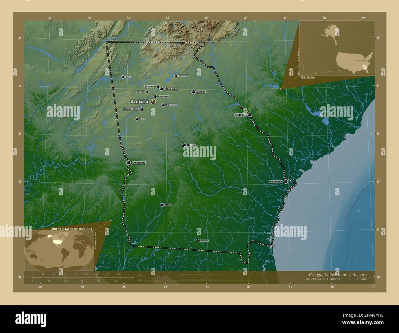 Georgia, state of United States of America. Colored elevation map with ...