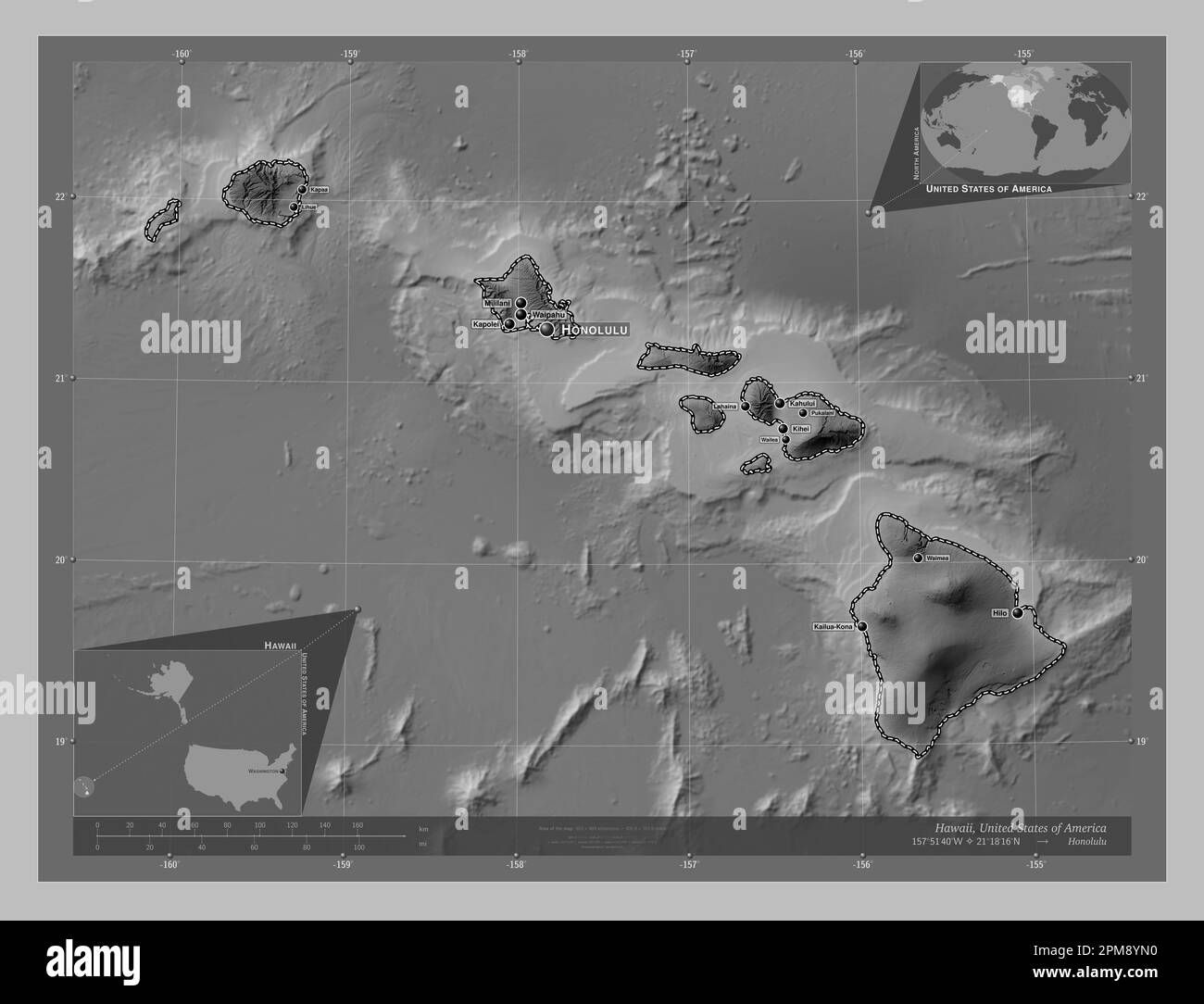 Hawaii, state of United States of America. Grayscale elevation map with ...