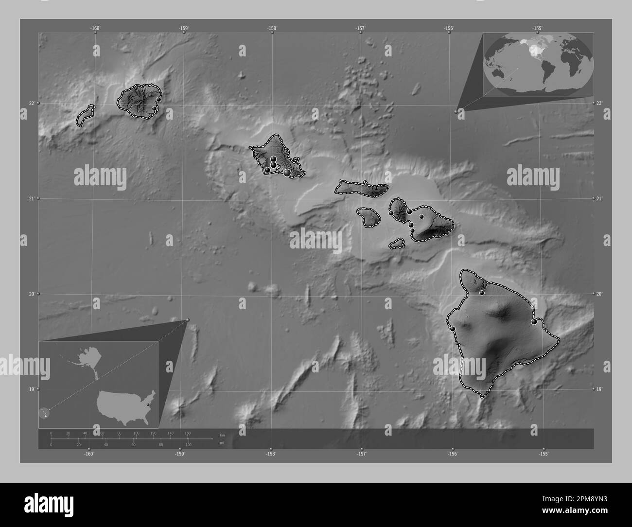 Hawaii, state of United States of America. Grayscale elevation map with ...