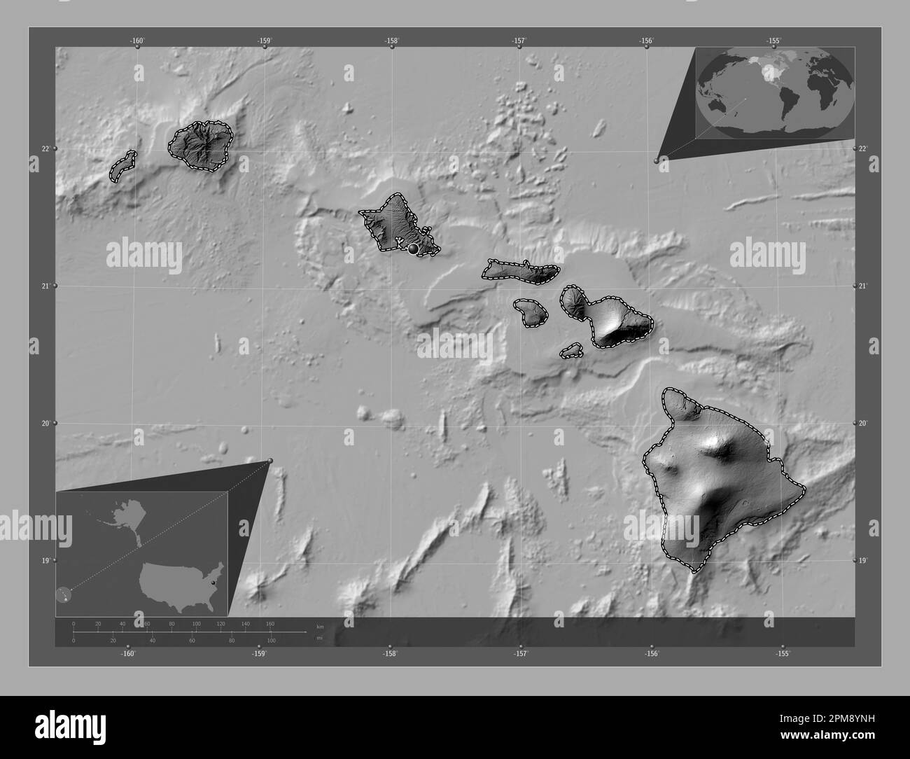 Hawaii, state of United States of America. Bilevel elevation map with ...