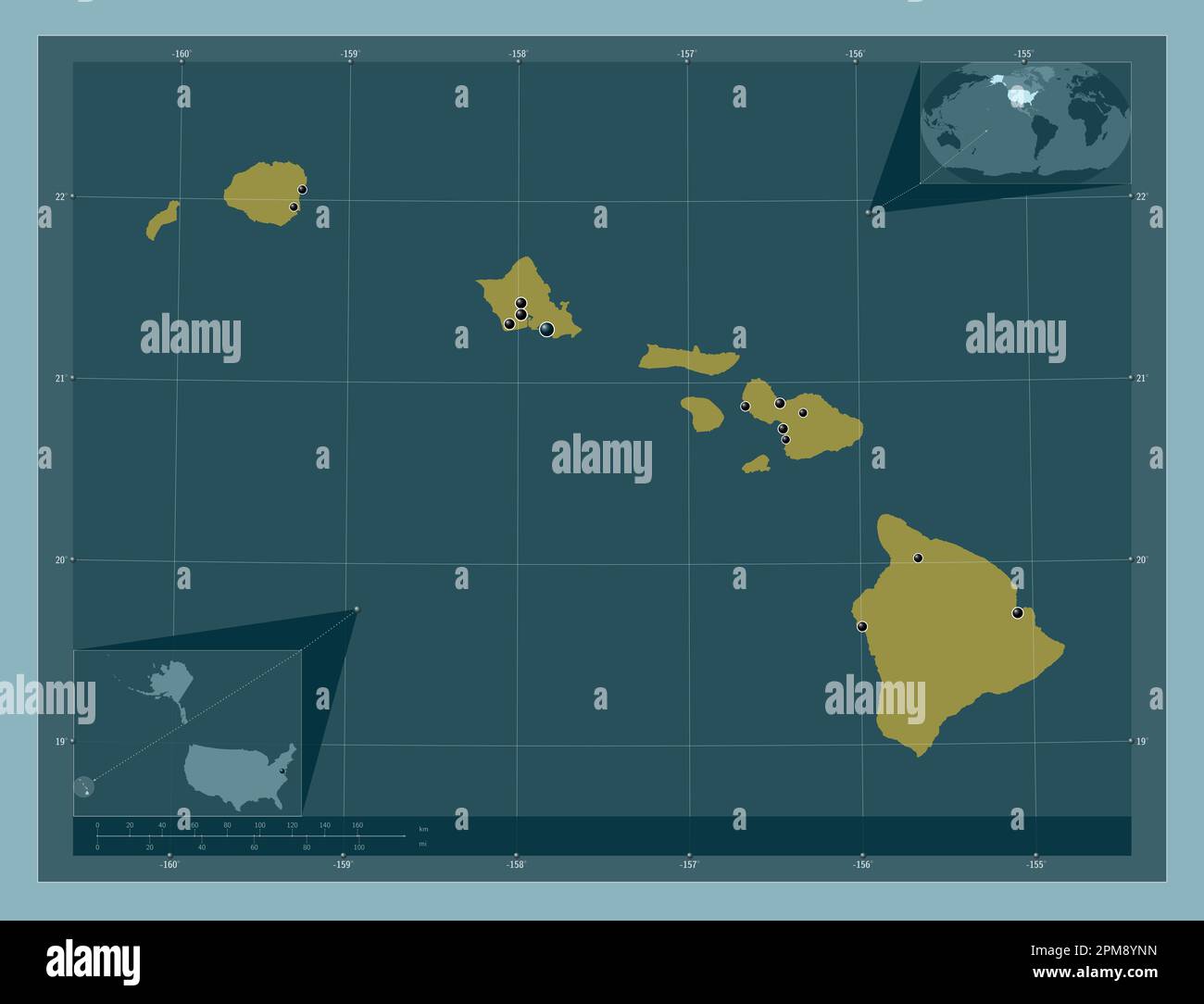 Hawaii, state of United States of America. Solid color shape. Locations ...