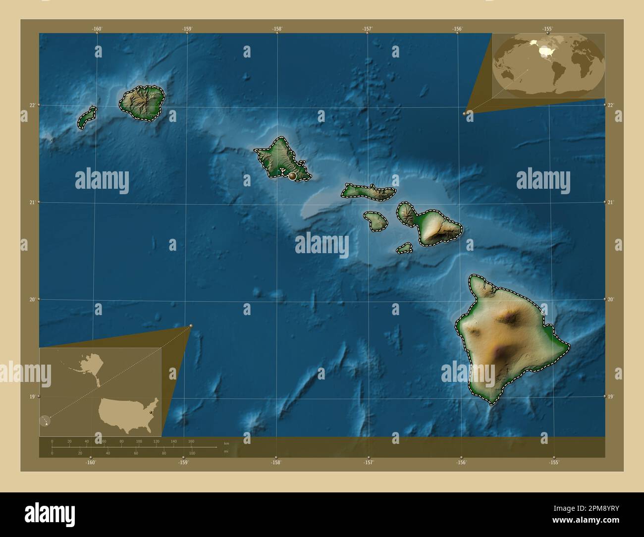 Hawaii, state of United States of America. Colored elevation map with ...