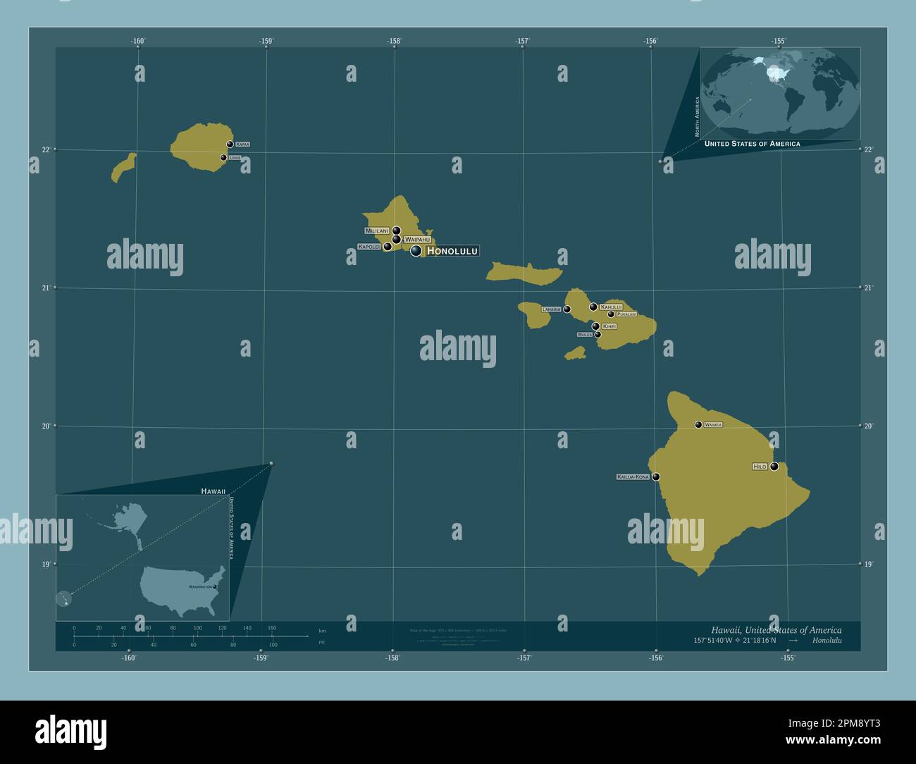 Hawaii, state of United States of America. Solid color shape. Locations ...