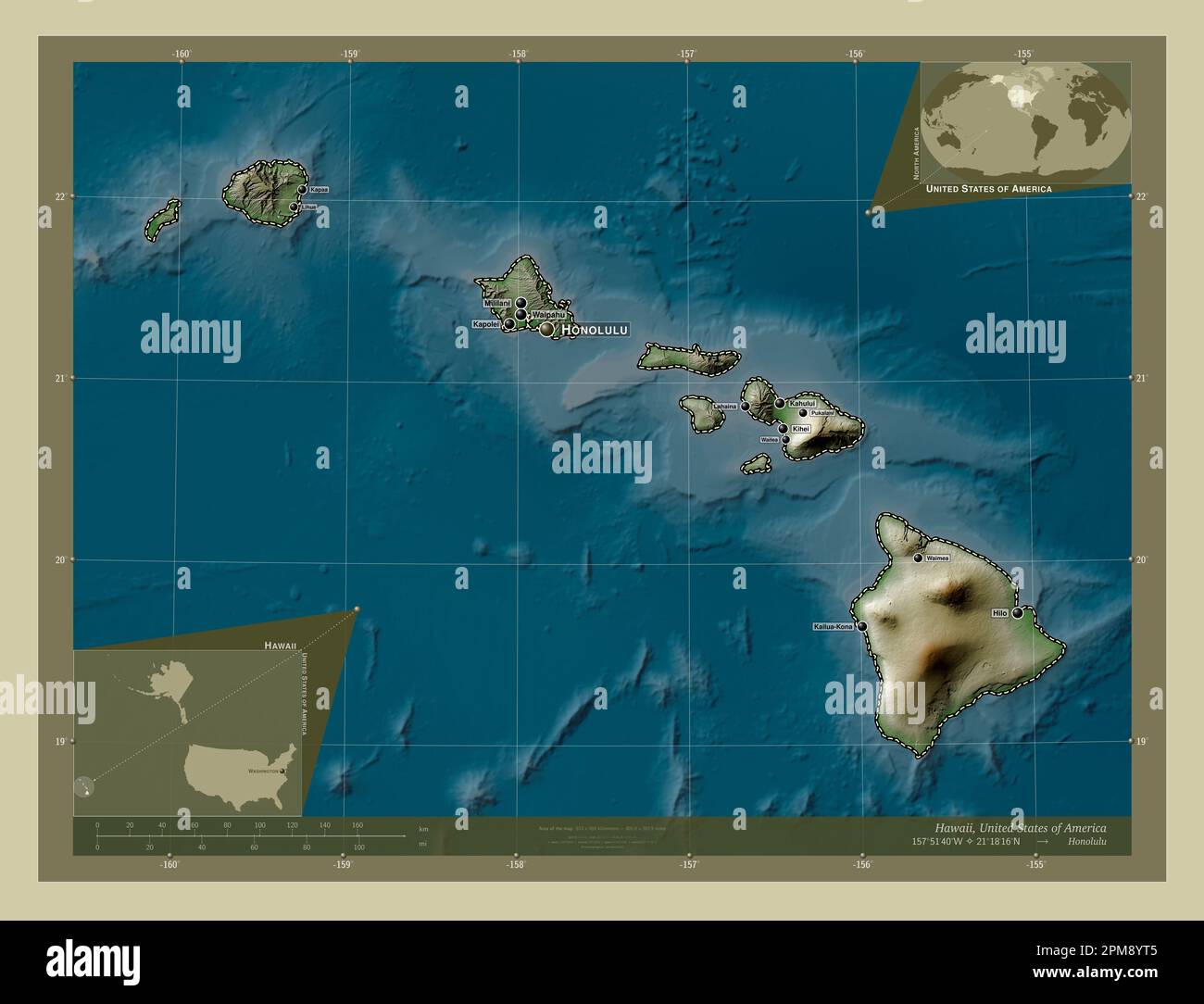 Hawaii, state of United States of America. Elevation map colored in ...