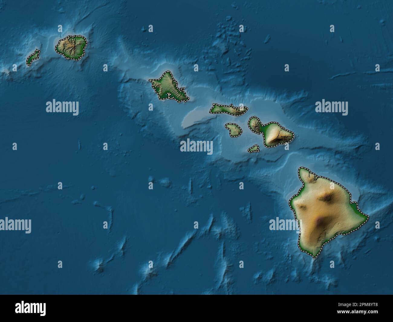 Hawaii, state of United States of America. Colored elevation map with ...