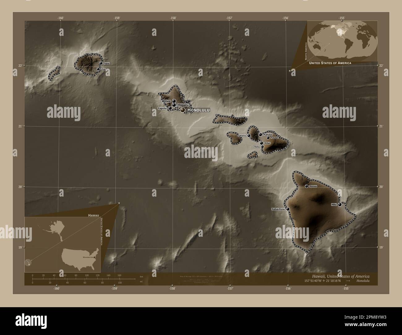Hawaii, state of United States of America. Elevation map colored in ...