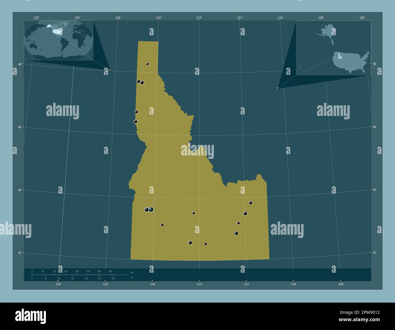 Idaho, state of United States of America. Solid color shape. Locations ...