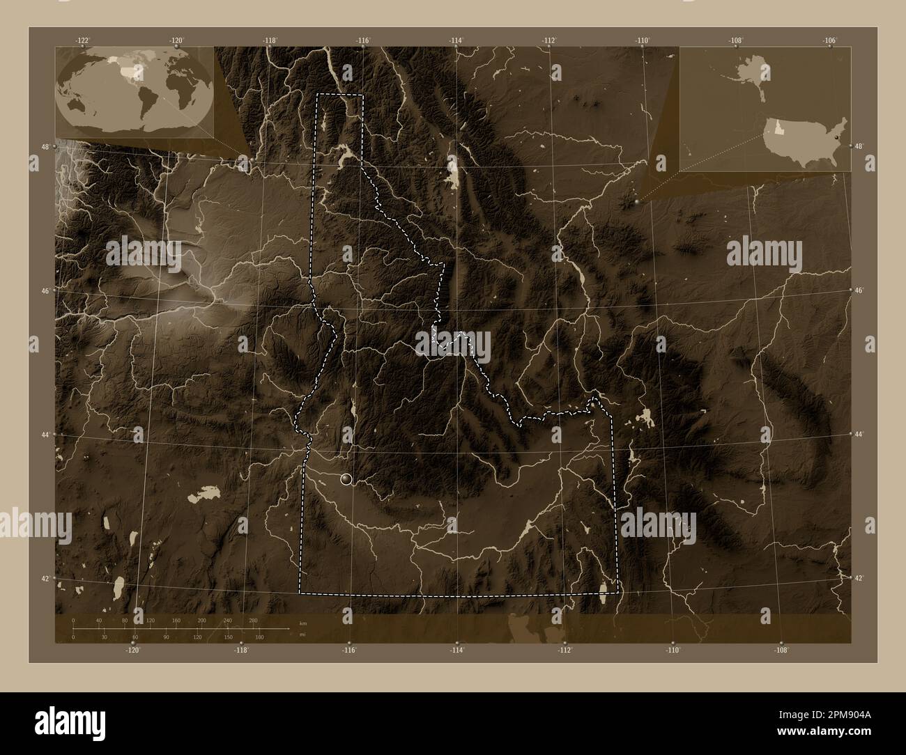 Idaho, state of United States of America. Elevation map colored in ...