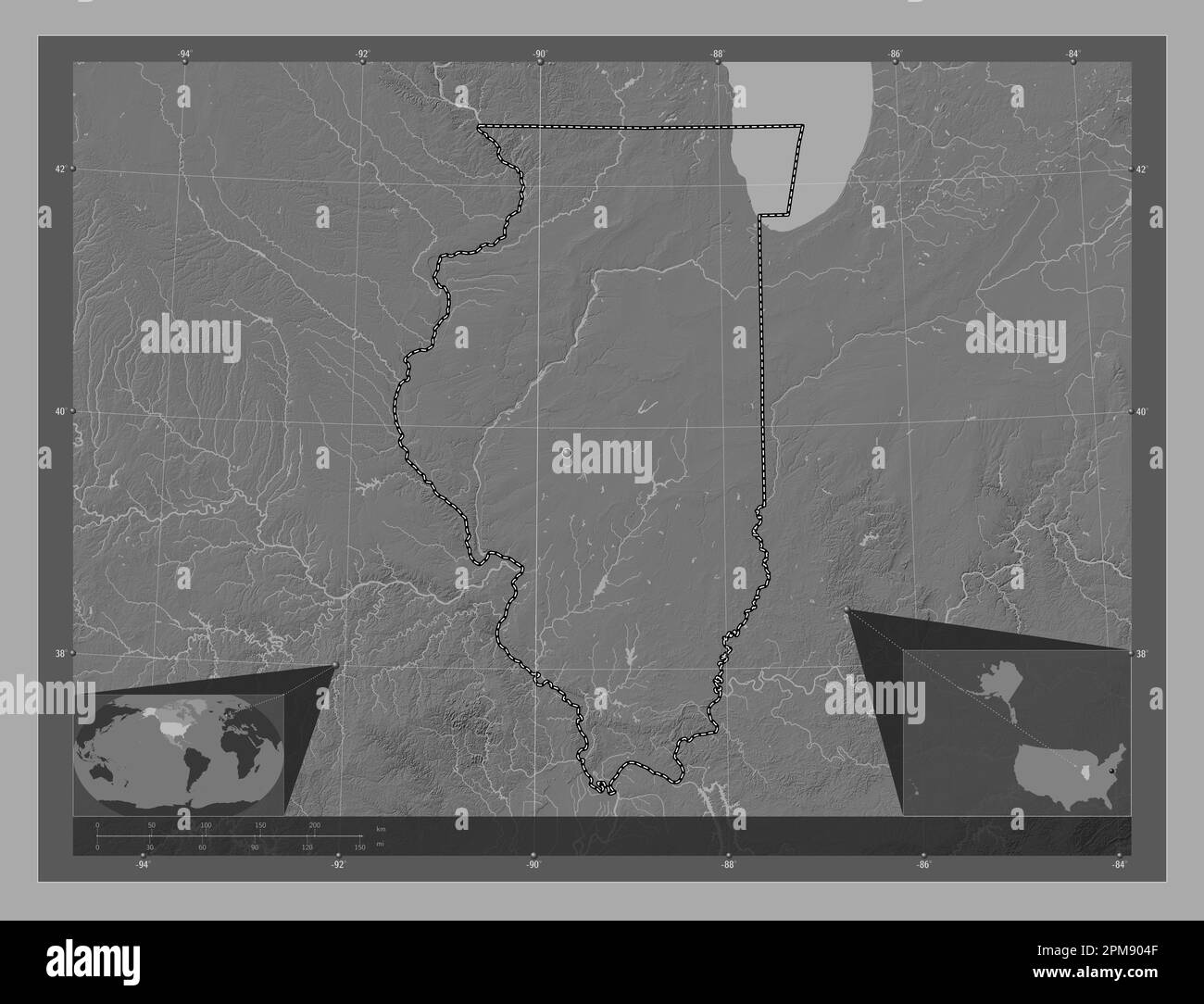 Illinois, state of United States of America. Bilevel elevation map with ...