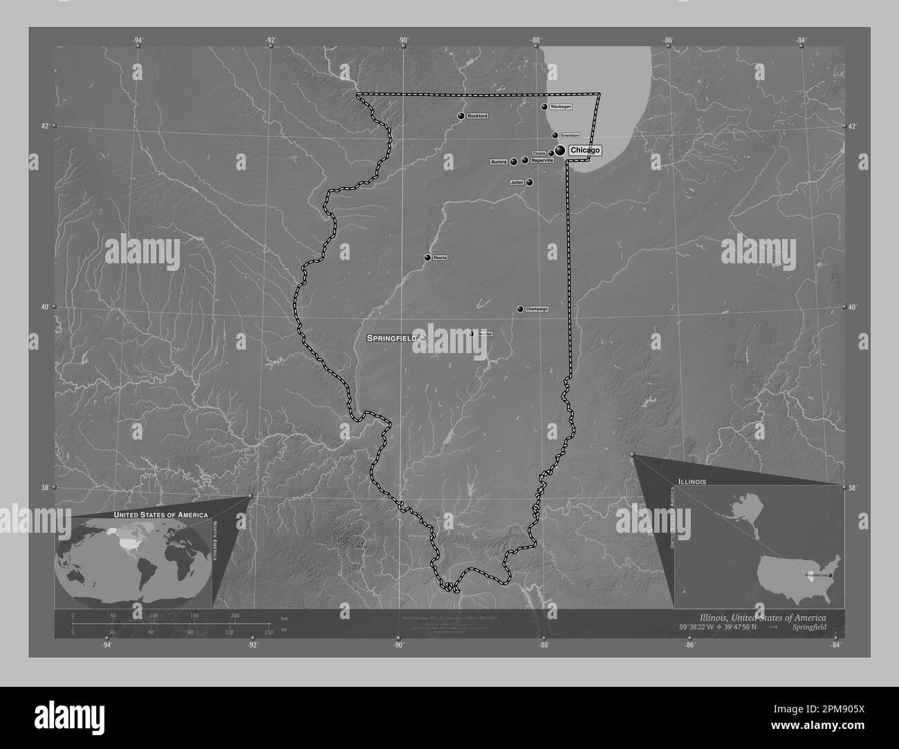 Illinois, state of United States of America. Grayscale elevation map ...