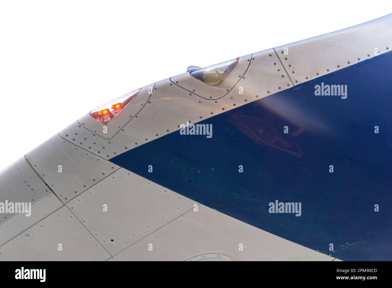 White and blue airplane wing with signal lights close up Stock Photo ...