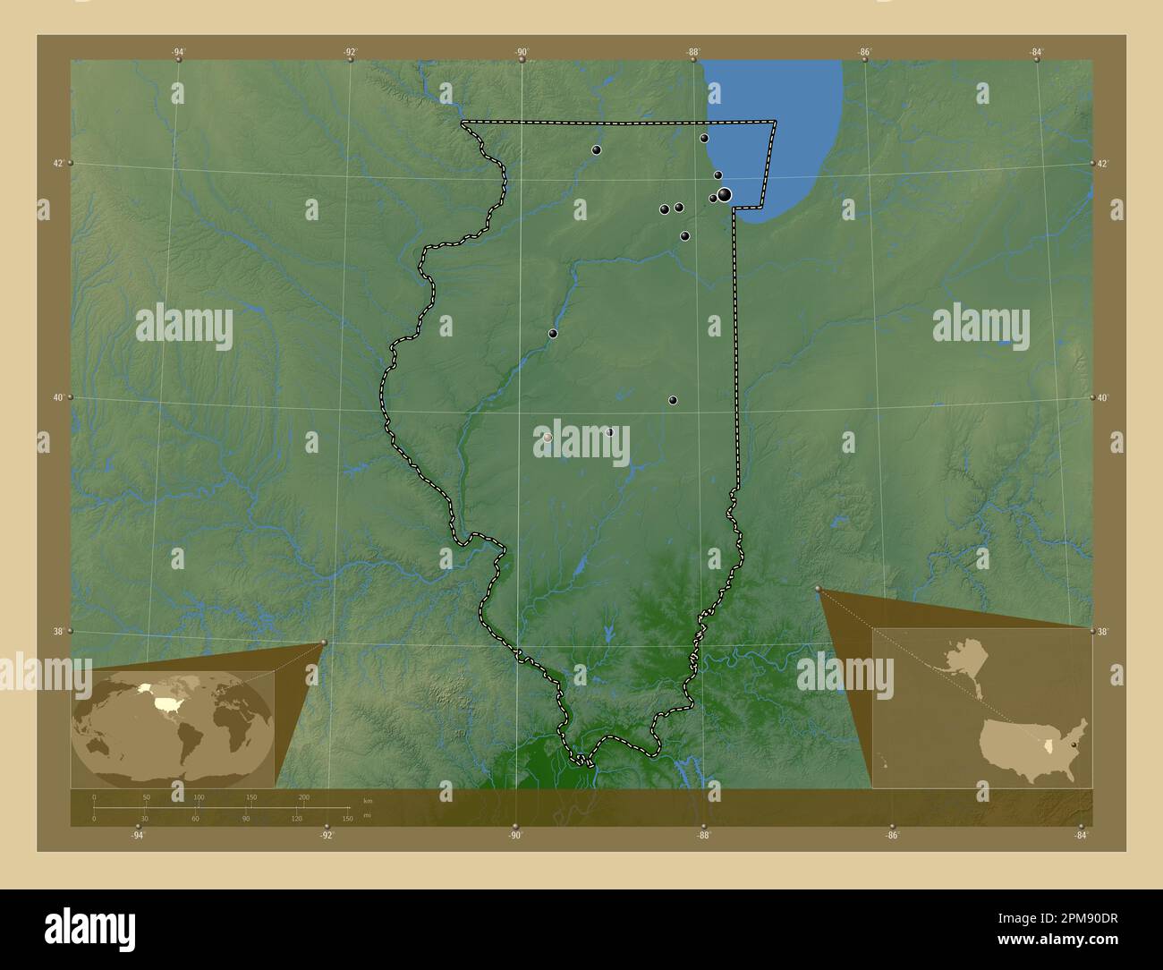Illinois, state of United States of America. Colored elevation map with ...