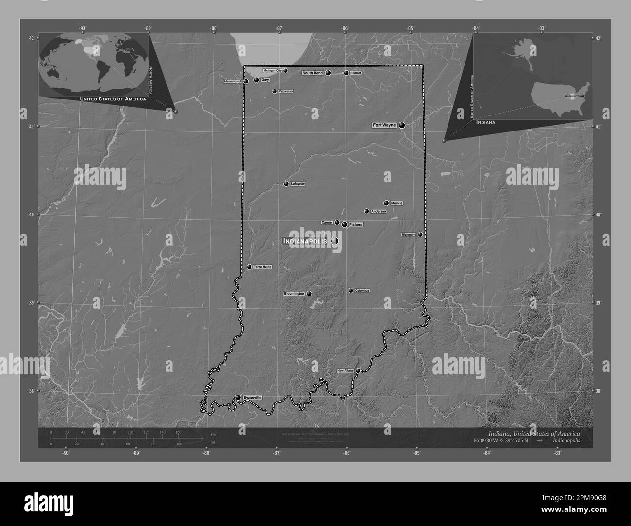 Indiana, state of United States of America. Bilevel elevation map with ...