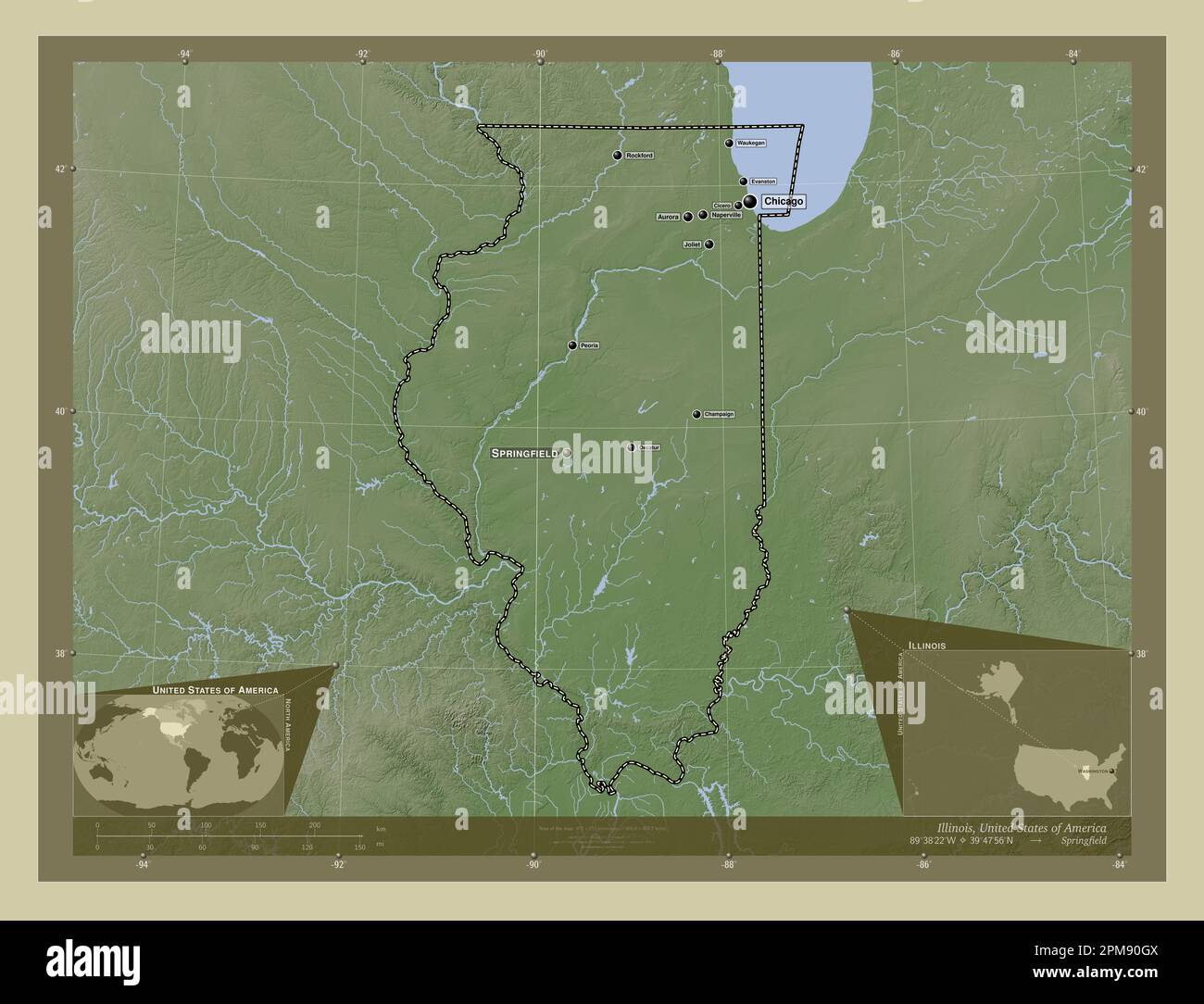 Illinois, state of United States of America. Elevation map colored in ...