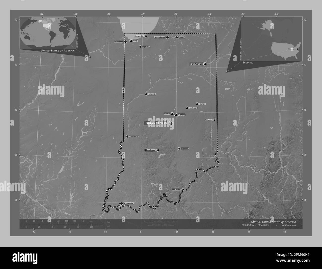 Indiana, state of United States of America. Grayscale elevation map ...