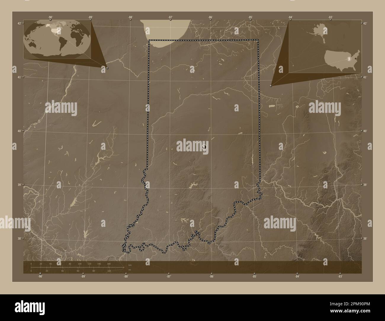 Indiana, state of United States of America. Elevation map colored in ...