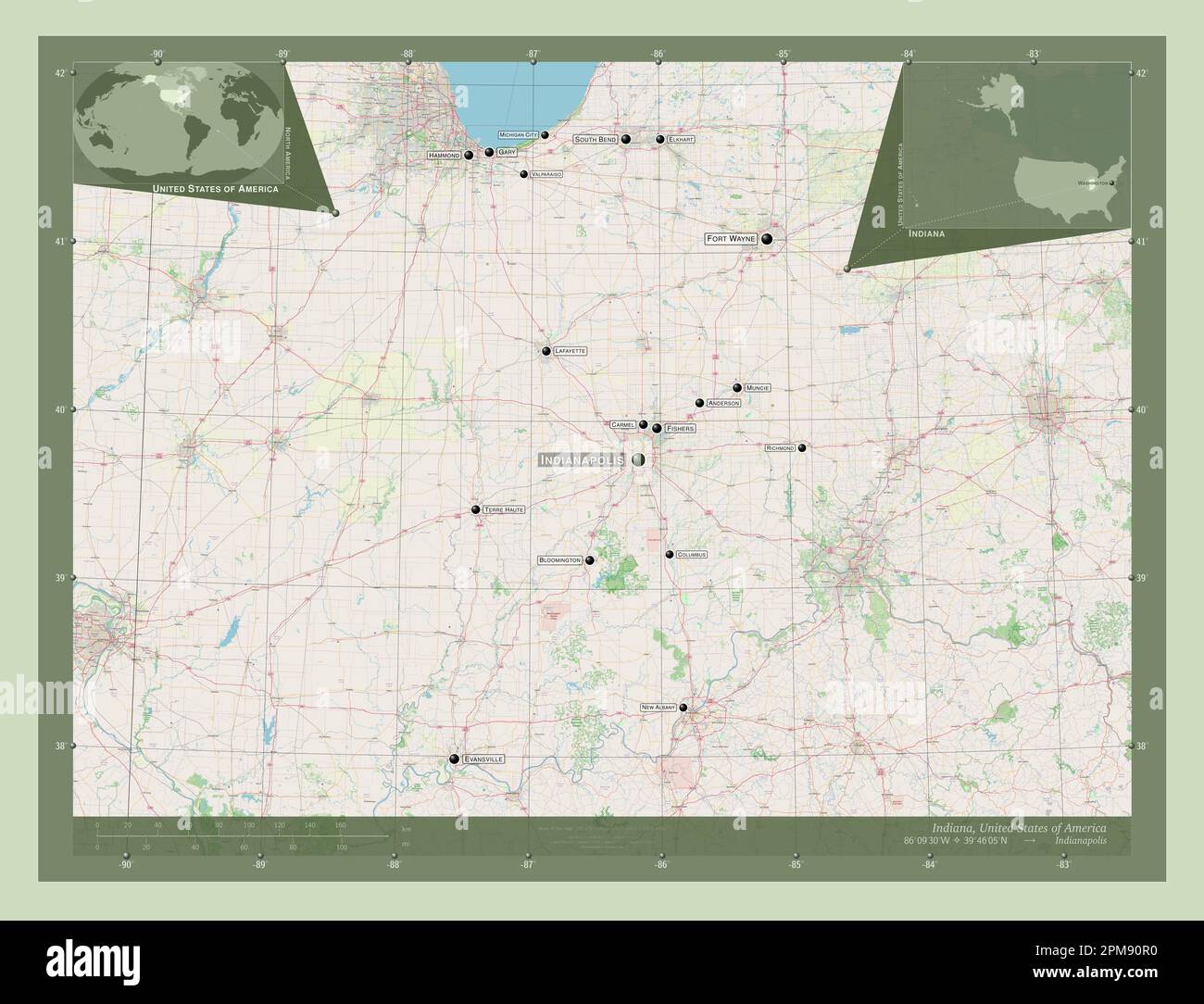 Indiana, state of United States of America. Open Street Map. Locations ...