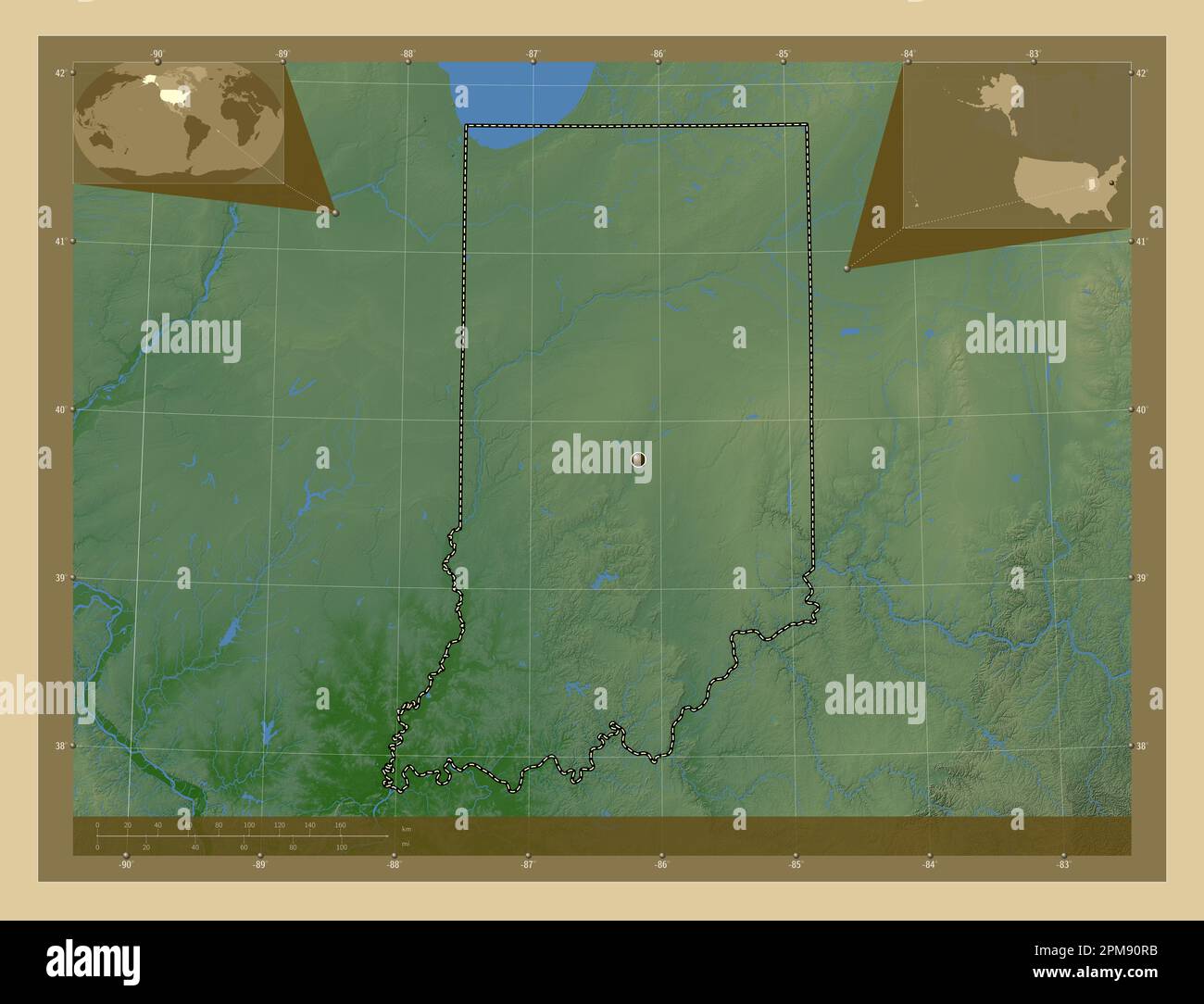 Indiana, state of United States of America. Colored elevation map with ...