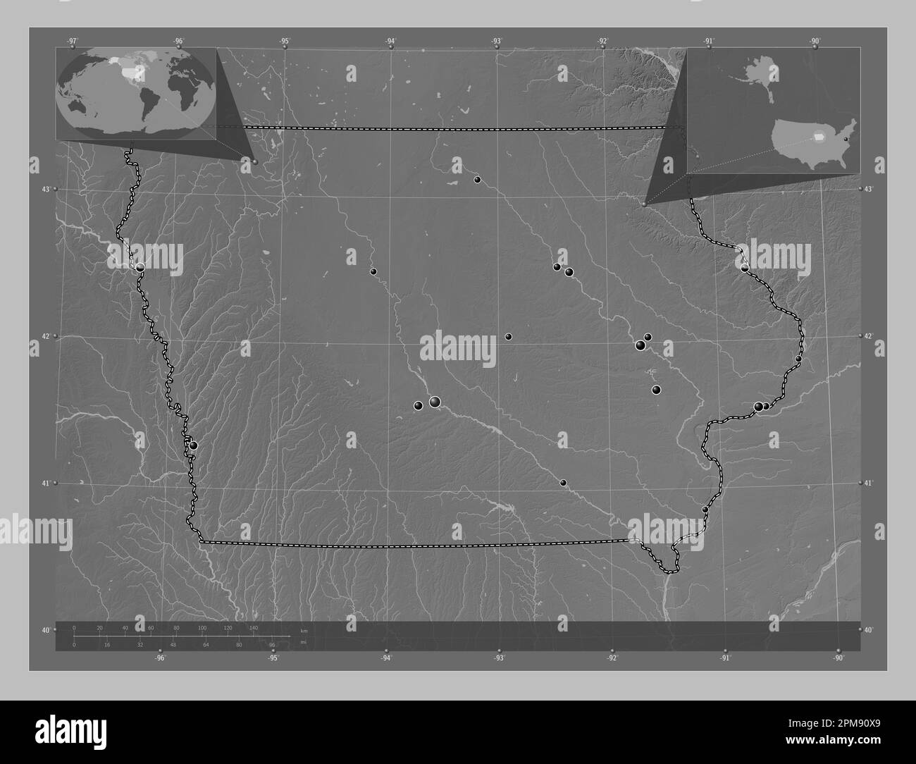 Iowa, state of United States of America. Grayscale elevation map with ...