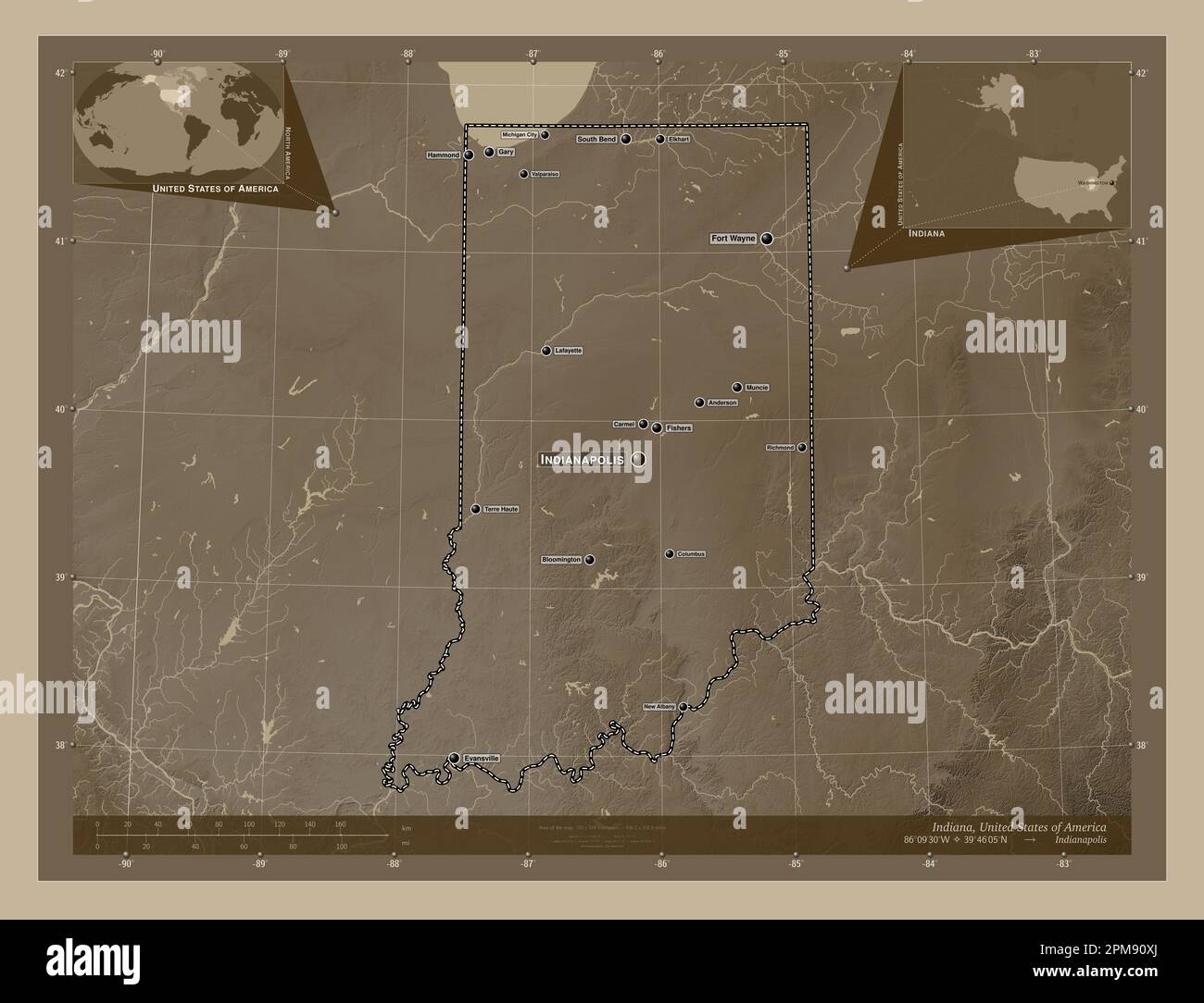 Indiana, state of United States of America. Elevation map colored in ...