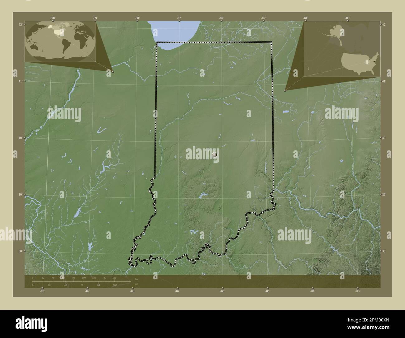 Indiana, state of United States of America. Elevation map colored in ...