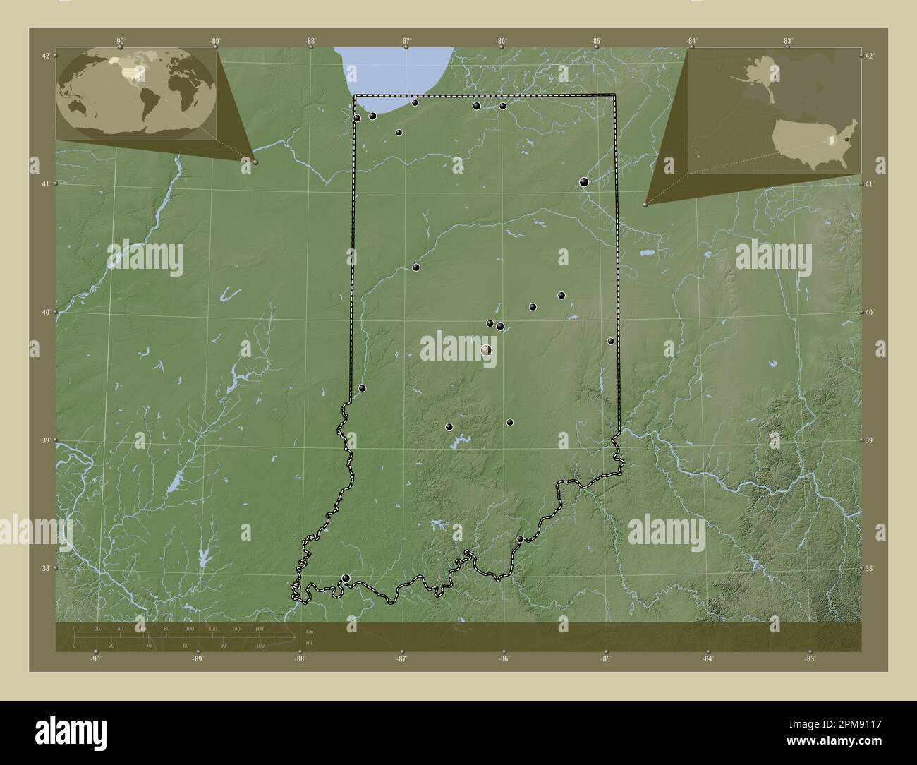 Indiana, state of United States of America. Elevation map colored in ...
