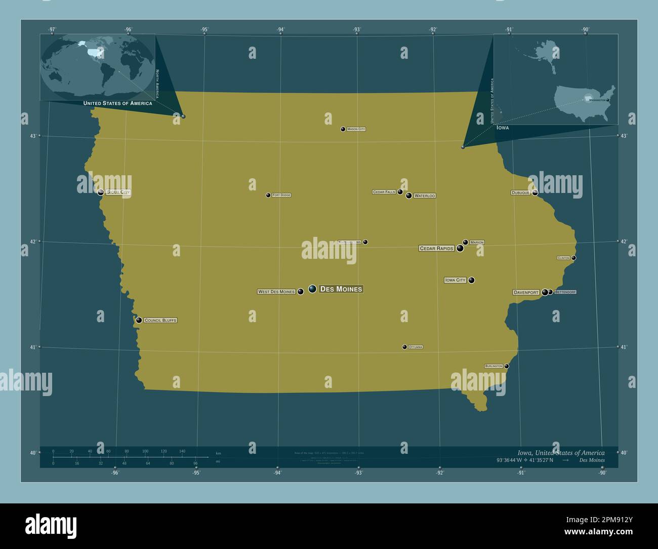 Iowa, state of United States of America. Solid color shape. Locations ...
