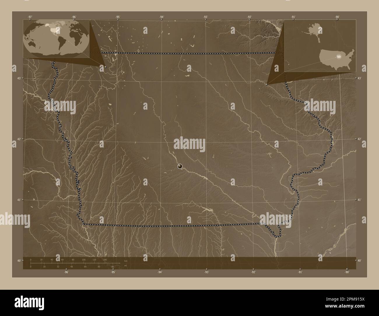 Iowa, state of United States of America. Elevation map colored in sepia ...