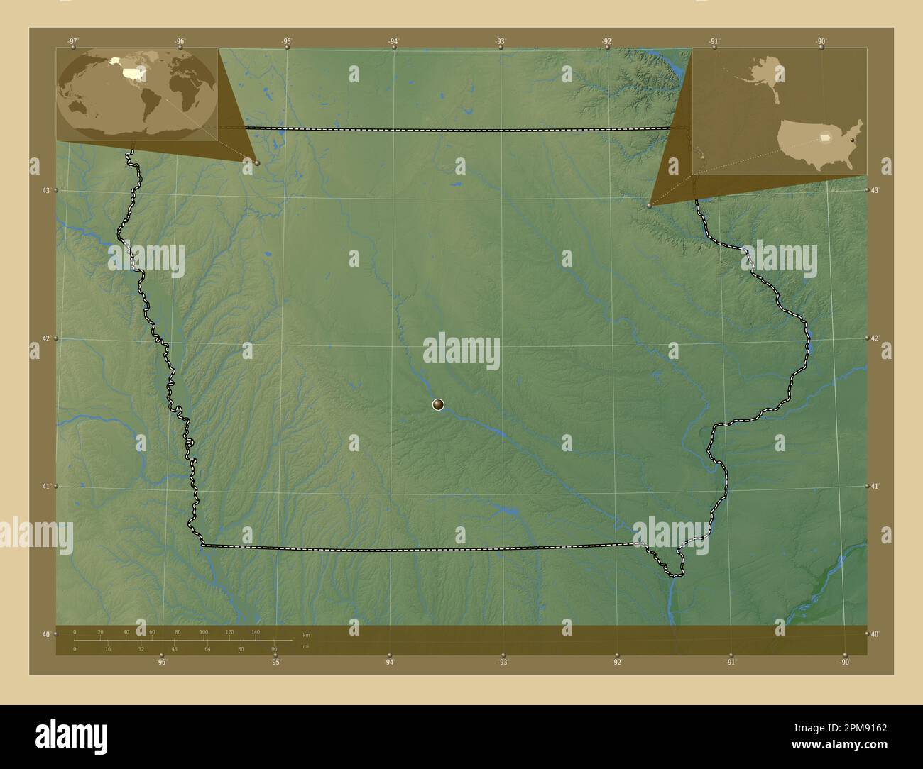 Iowa, state of United States of America. Colored elevation map with ...