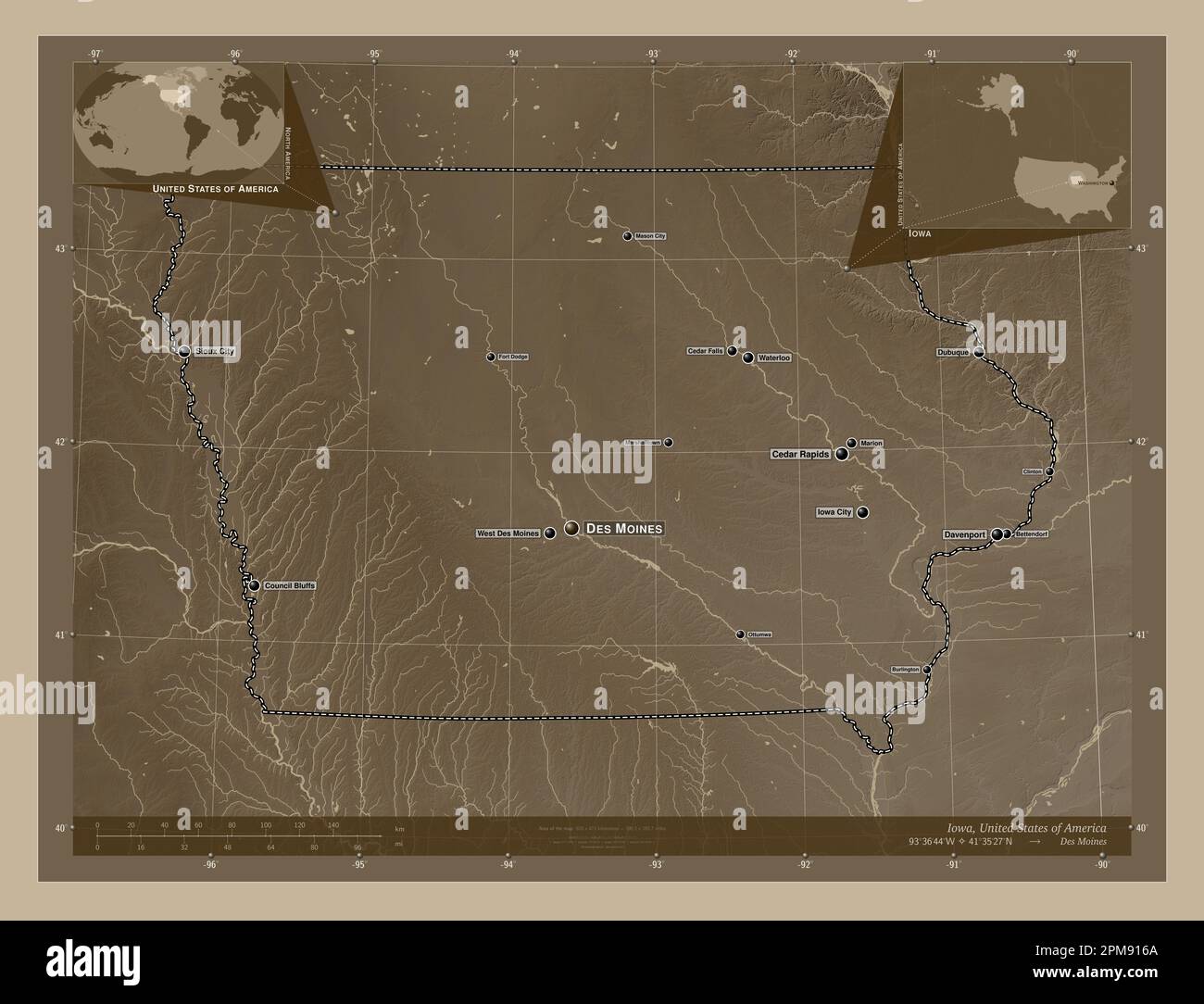 Iowa, state of United States of America. Elevation map colored in sepia ...