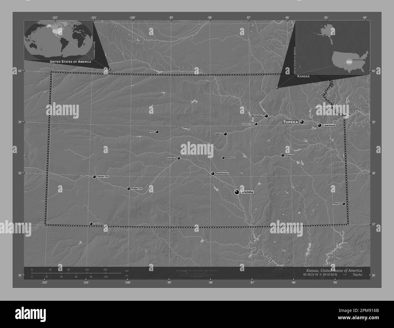 Kansas, state of United States of America. Bilevel elevation map with ...