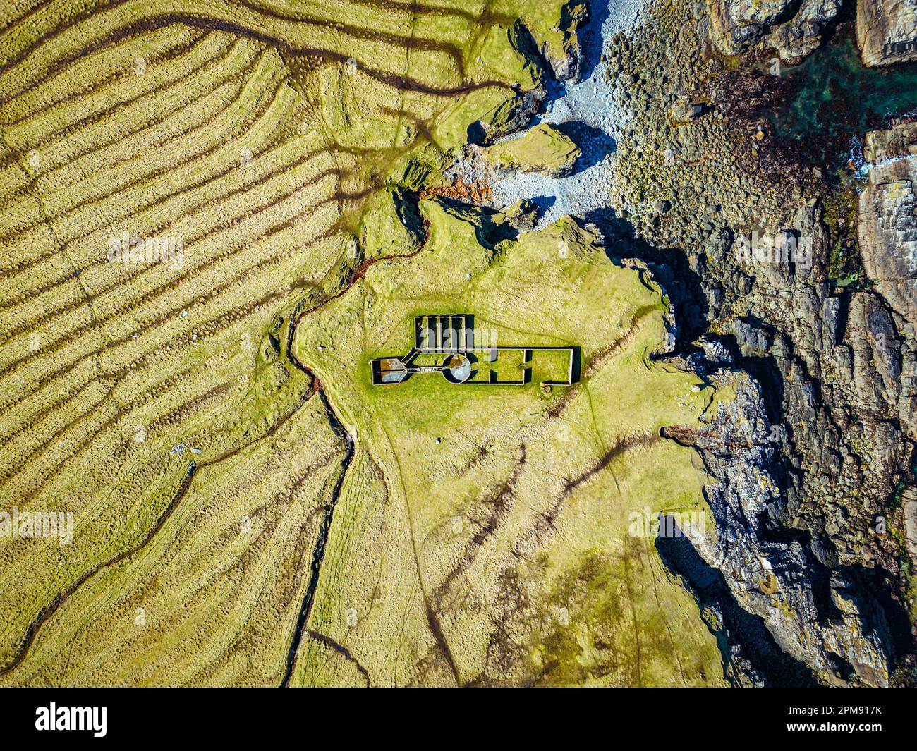 Aerial view of livestock farming pen for shearing sheep on Isle of ...