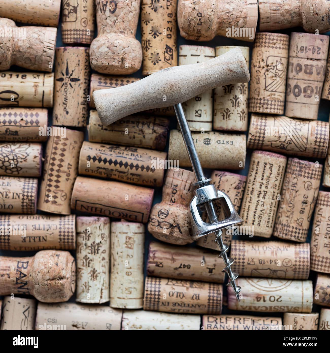 Top down view of assorted wine corks with a cork screw on top Stock ...