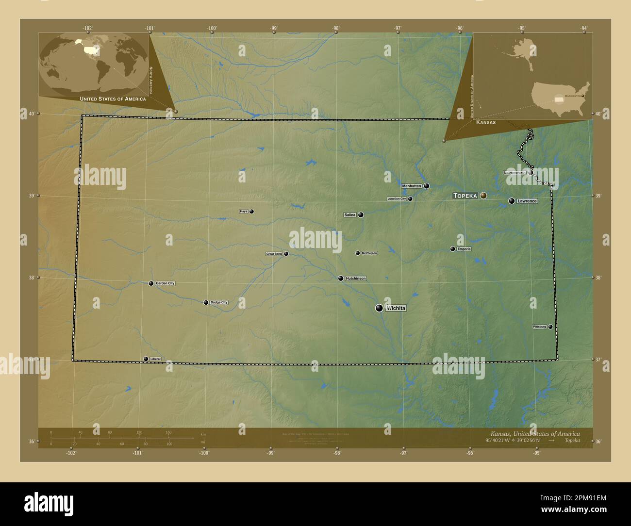 Kansas, state of United States of America. Colored elevation map with ...