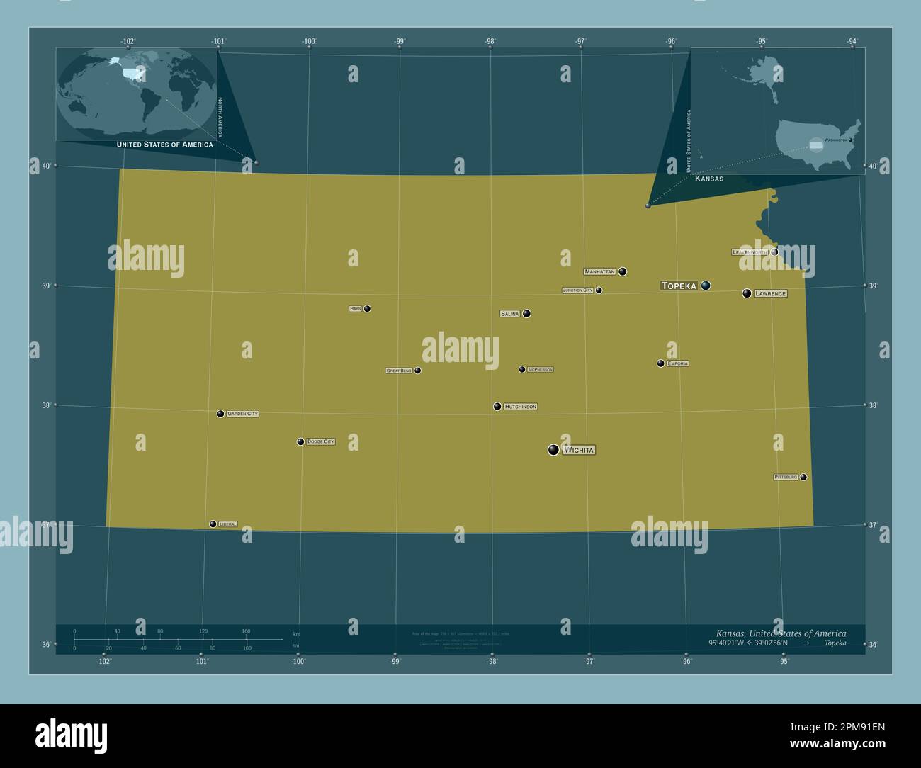 Kansas, state of United States of America. Solid color shape. Locations ...