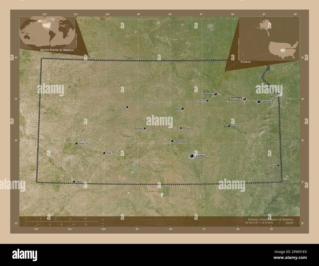 Kansas, state of United States of America. Low resolution satellite map ...